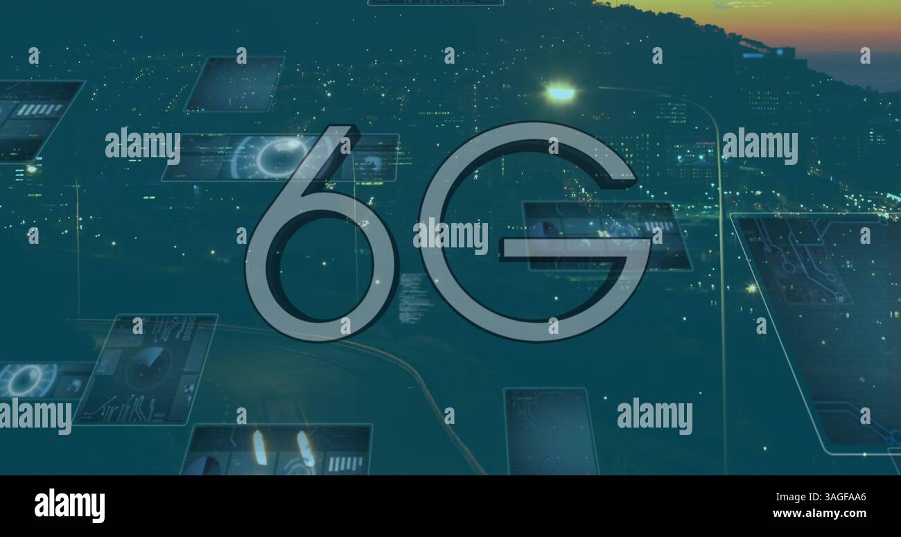 Image of 6g text, data processing and scopes scanning on screens over ...