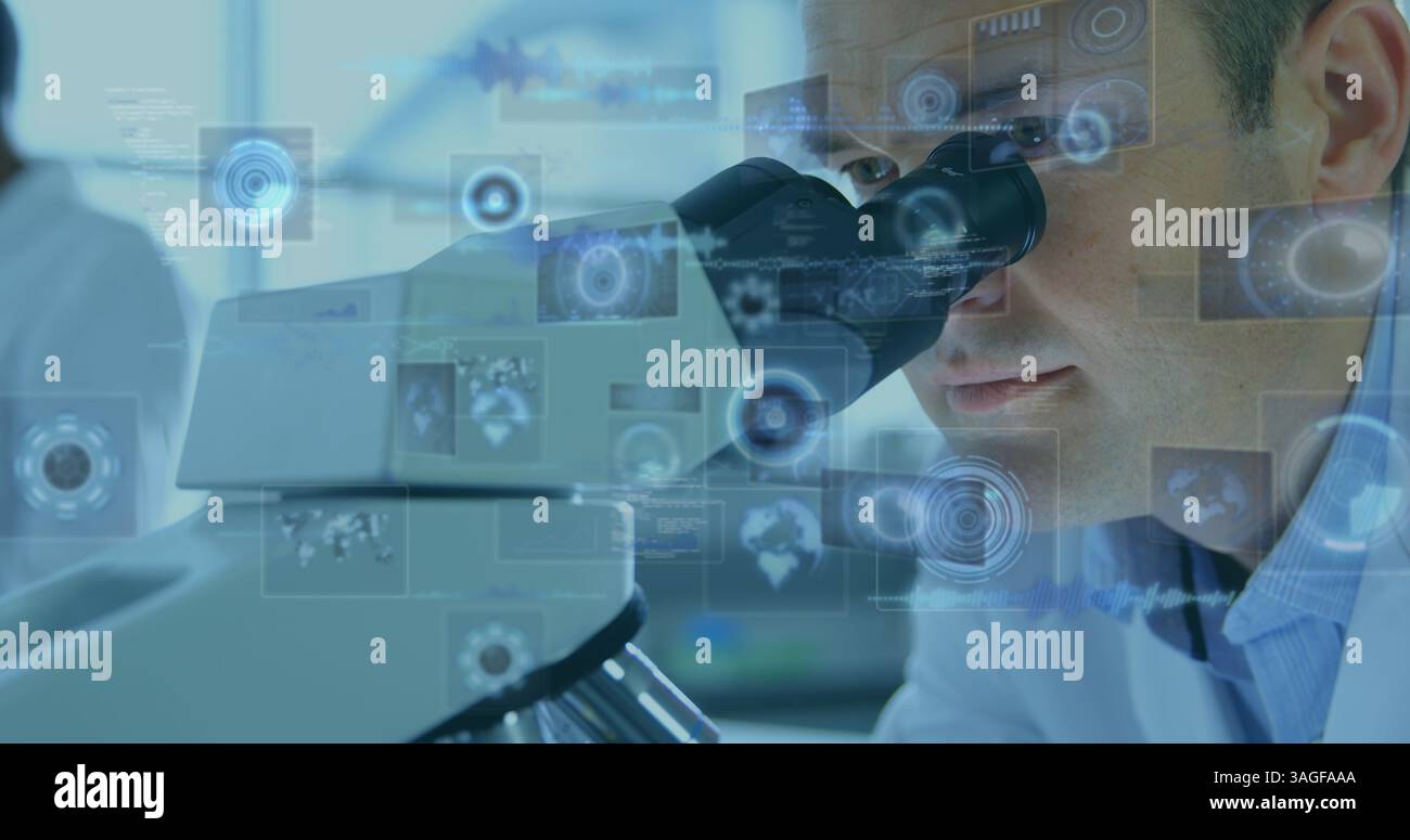Image of scopes scanning and data processing on screens over male ...