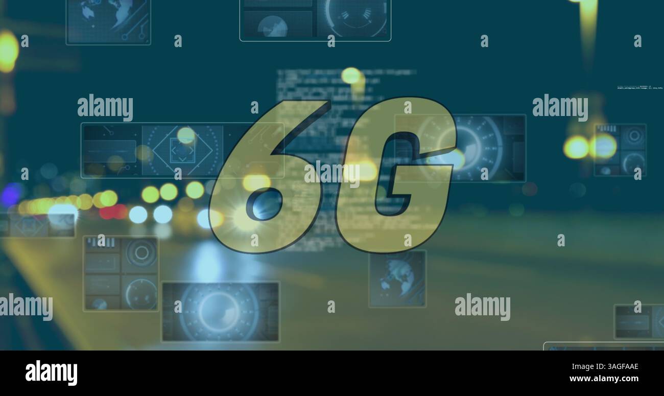 Image of 6g text, data processing and scopes scanning on screens over out of focus road traffic ...