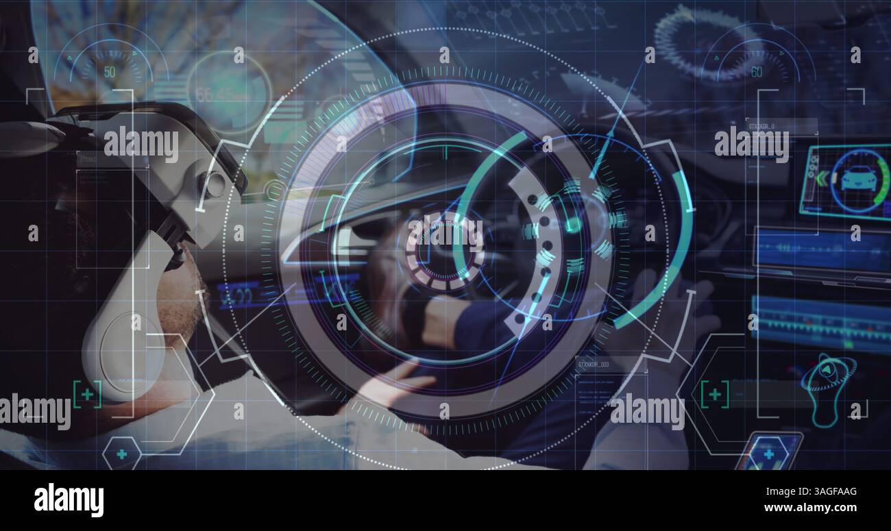 Image of scope scanning over man wearing vr headset in self driving car Stock Photo - Alamy