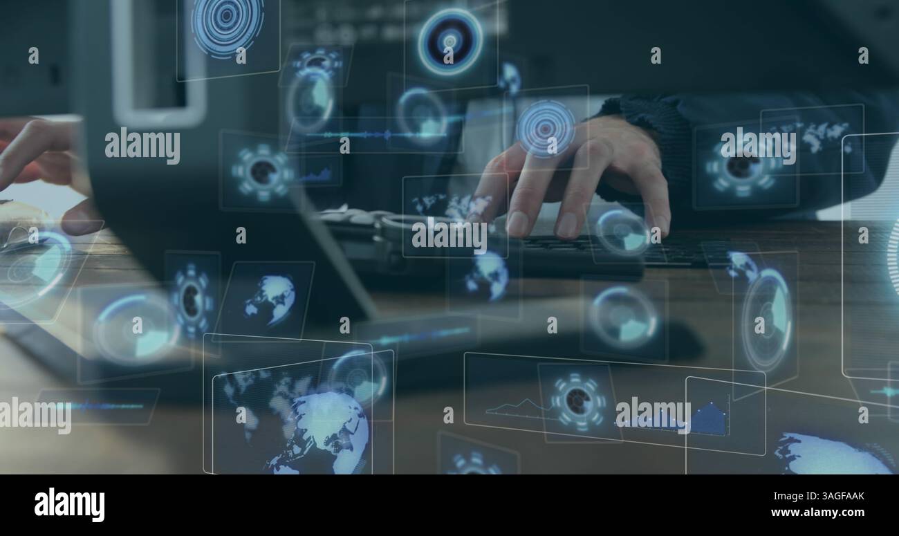 Image of scopes scanning and data processing on screens over man using computer Stock Photo - Alamy