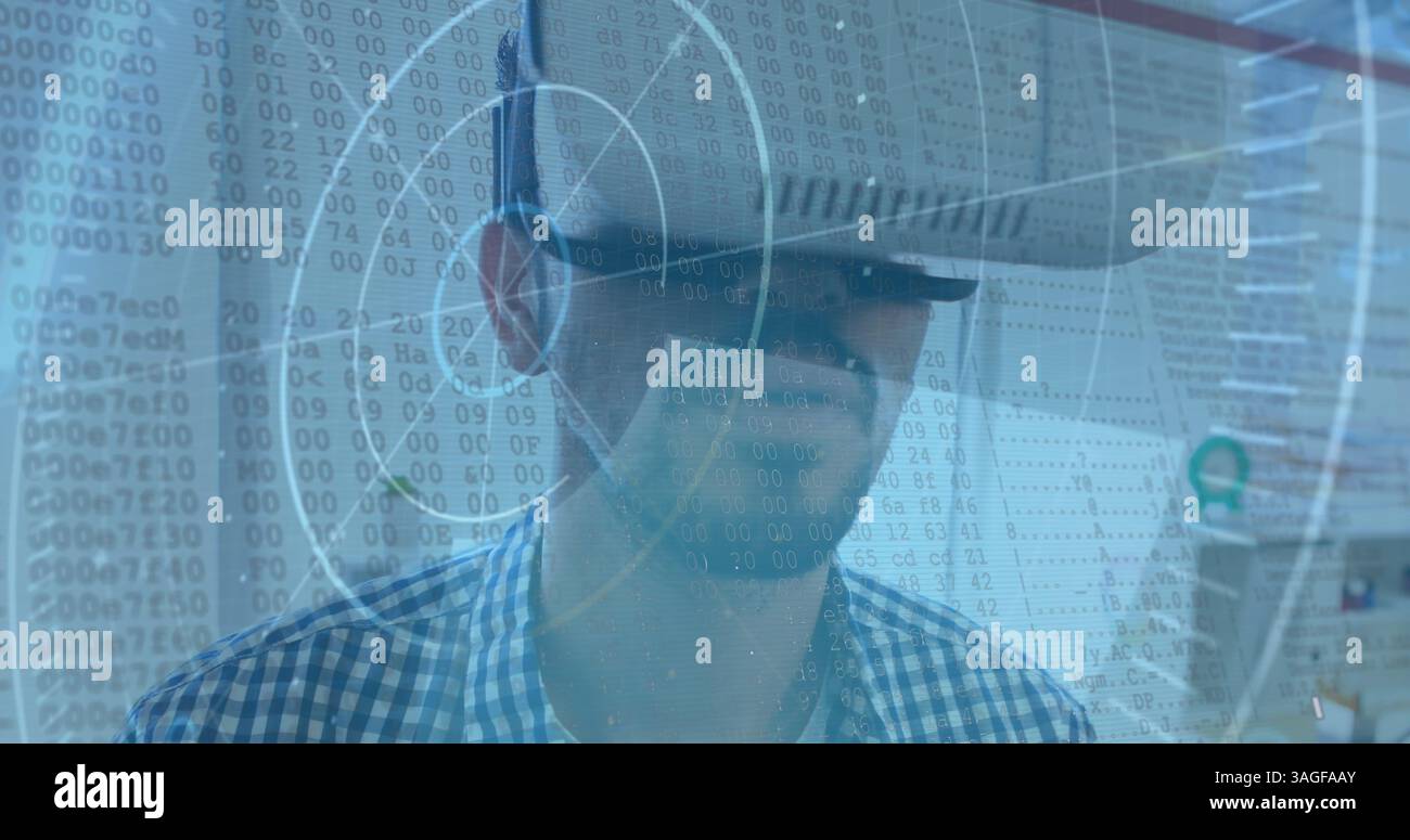 Image Of Scope Scanning And Binary Coding Over Man Wearing Vr Headset