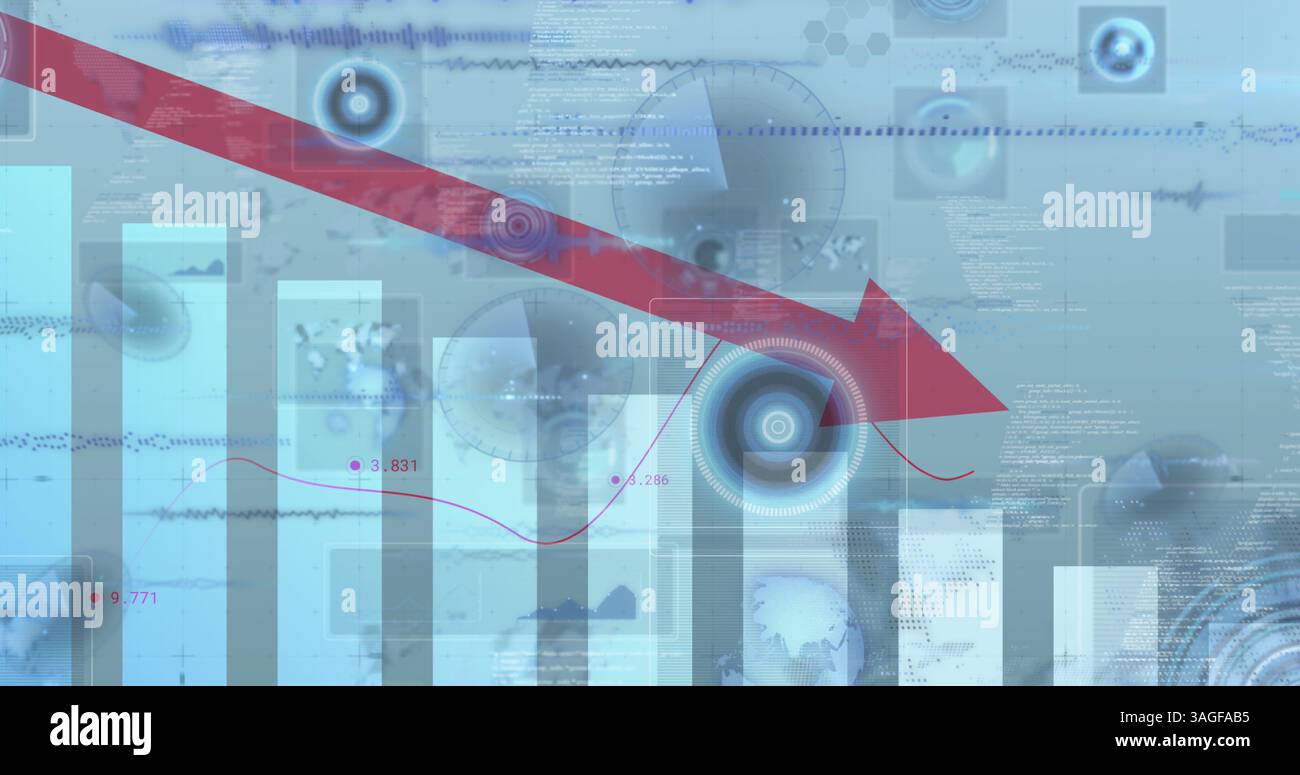 Image of red arrow pointing down, scopes scanning and data processing ...