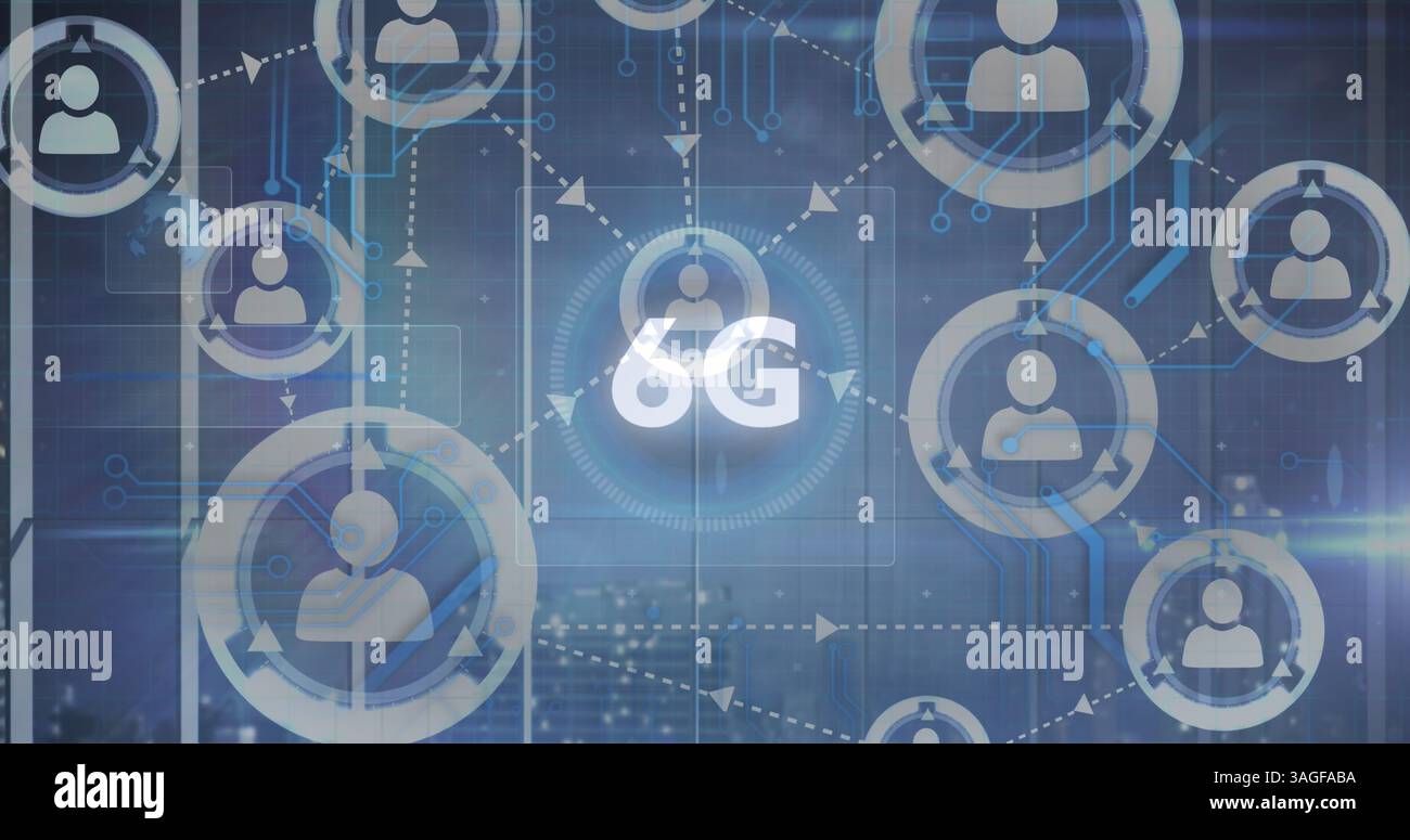 Image of 6g text, network of connections with people icons and scope ...