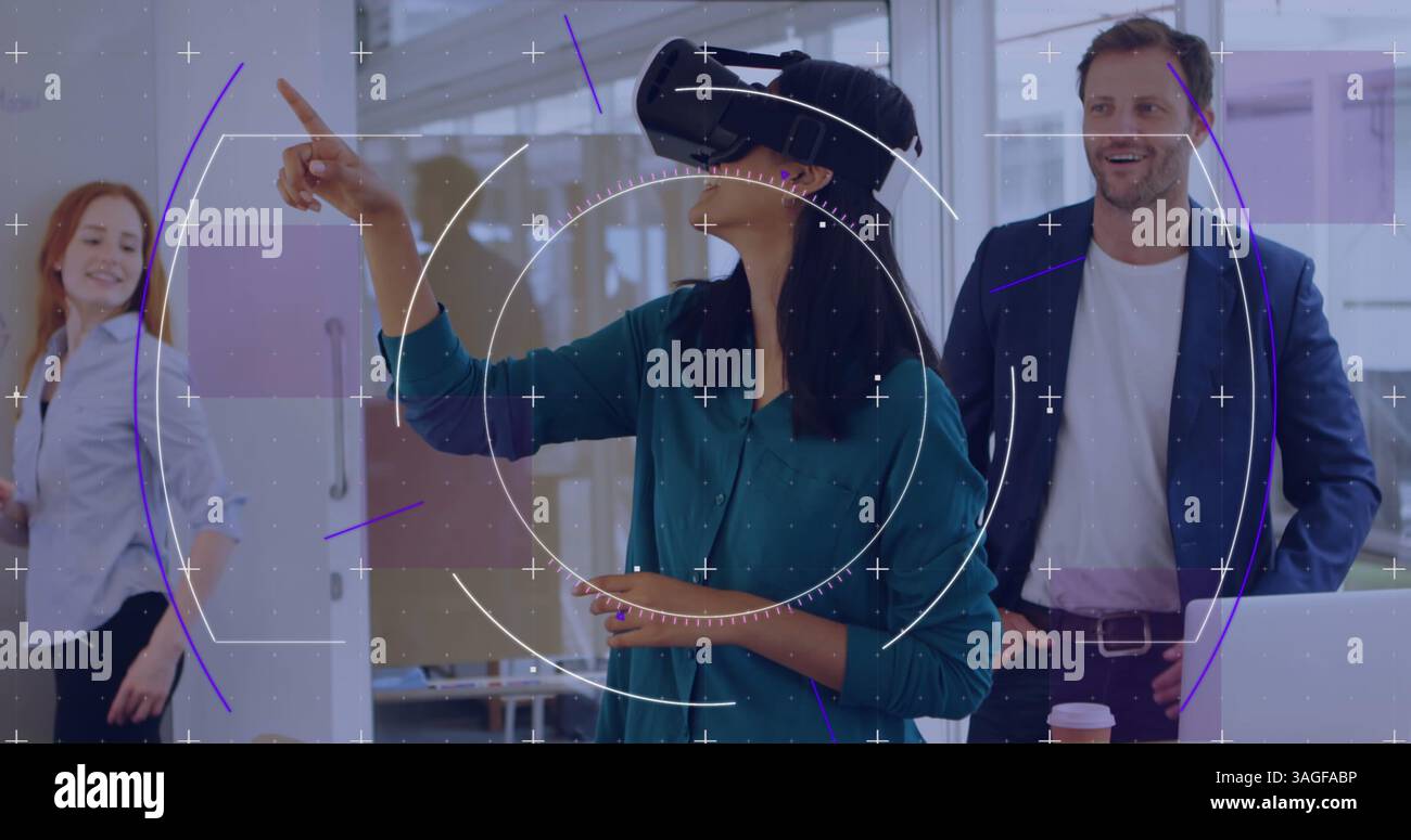 Image of scope scanning over businesswoman wearing vr headset and ...