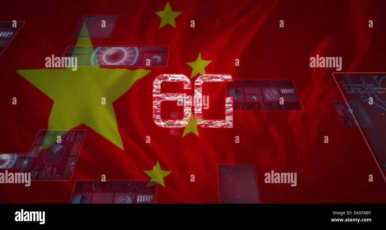 Image of 6g text, data processing and scopes scanning on screens over chinese flag Stock Photo ...