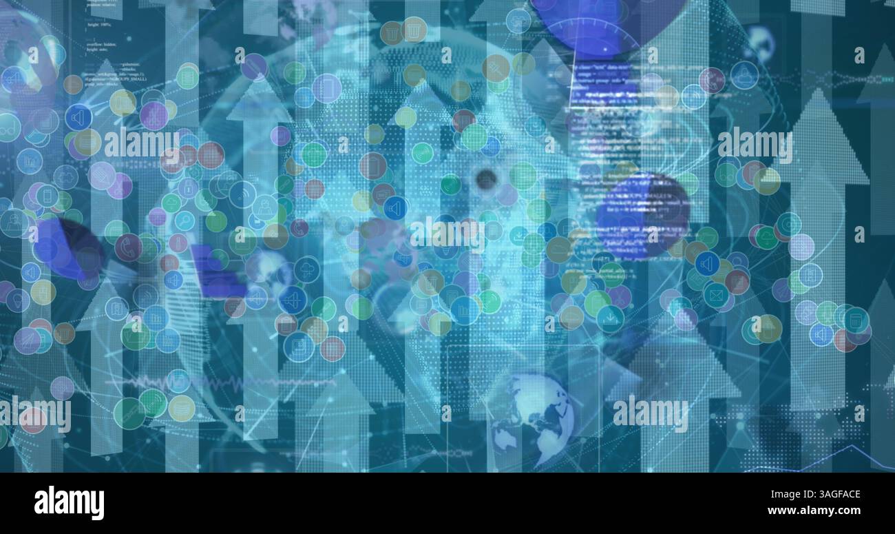Image of scopes scanning and data processing on screens over globe and arrows Stock Photo - Alamy