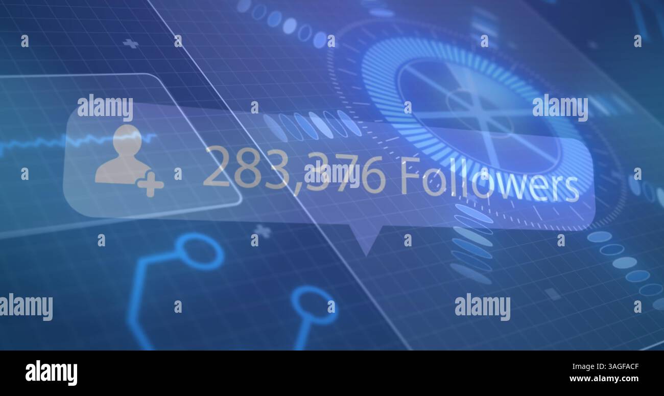 Image of speech bubble with followers and numbers, scope scanning on screen over grid Stock ...