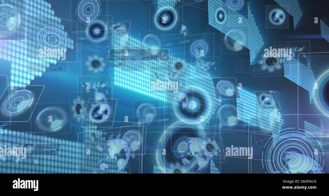 Image of scopes scanning and data processing on screens over digital arrows Stock Photo - Alamy