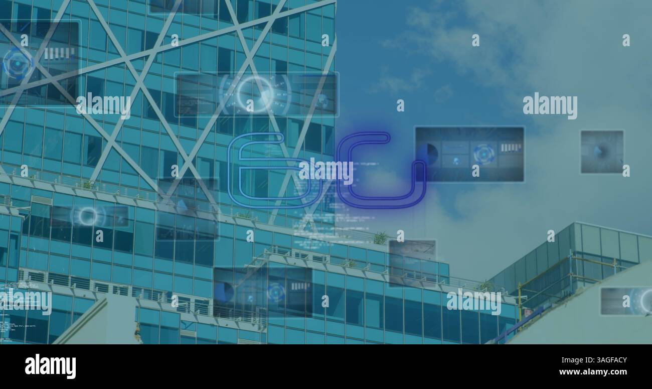 Image of 6g text, data processing and scopes scanning on screens over modern building Stock ...