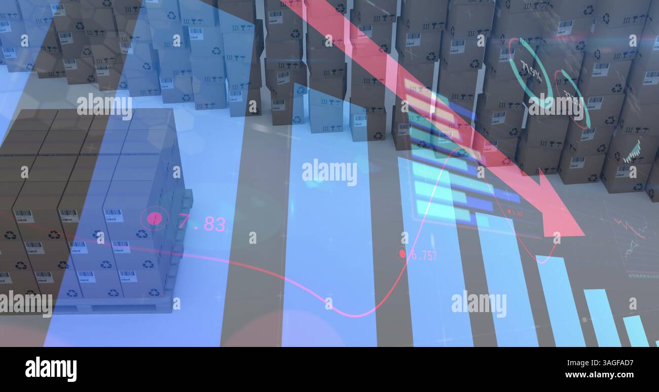 Image of red arrow decending with statistics and data processing over ...