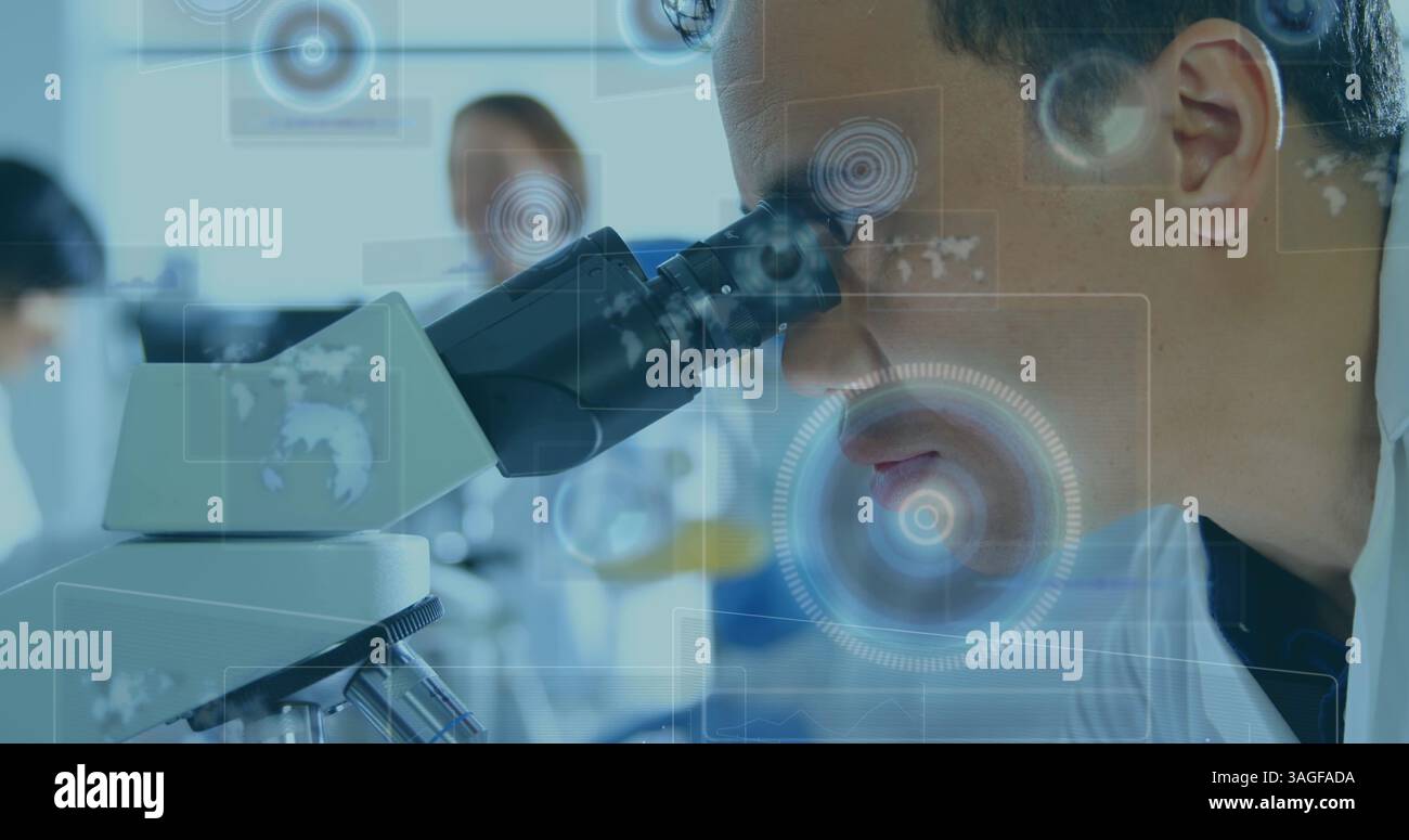 Image of scopes scanning and data processing on screens over male scientist with microscope ...