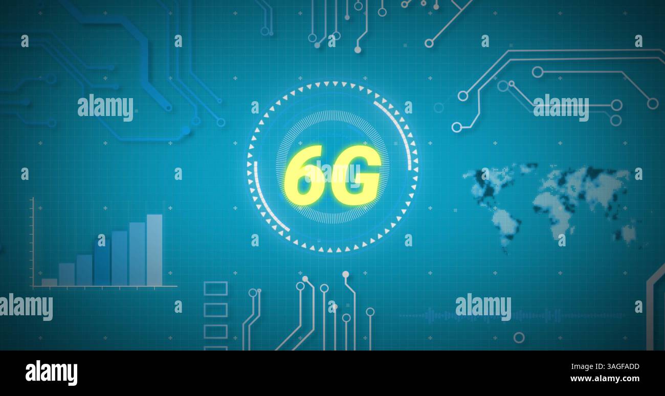 Image of 6g text, scope scanning and data processing over world map ...