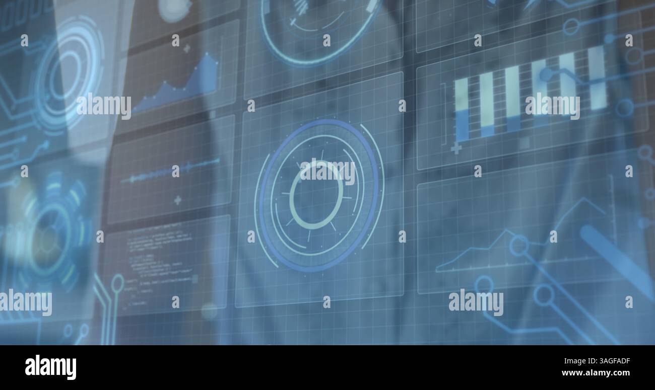 Image of scopes scanning and data processing on screens over woman using tablet Stock Photo - Alamy