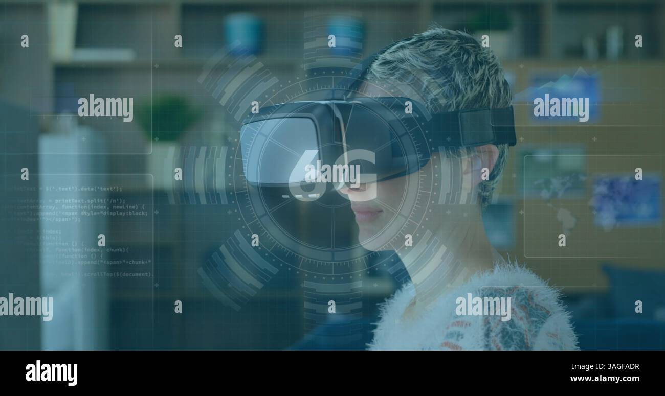 Image of 6g text, scope scanning over man wearing vr headset Stock ...