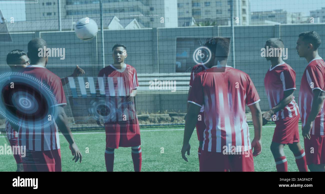 Image of scopes and data processing on screens over male football ...