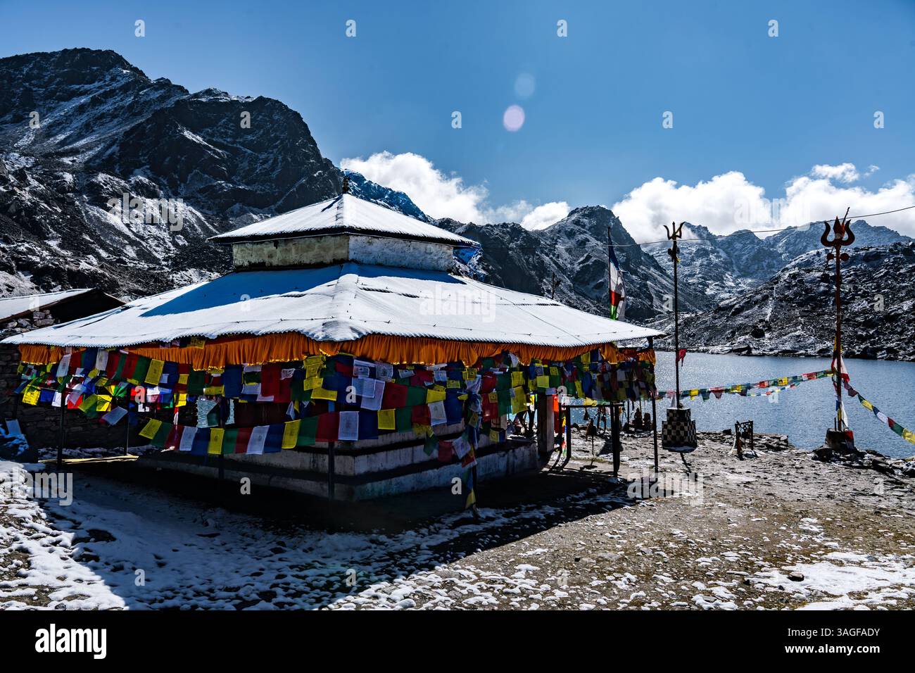 Gosaikunda Lake Hindu Pilgrimage Site with Temple and Prayer Flags in ...