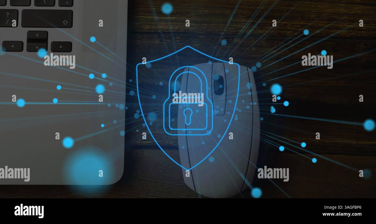 Image of online security padlock with blue spots over laptop and mouse ...