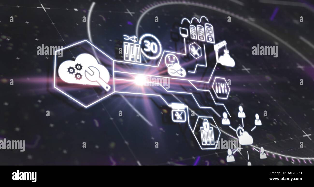 Image of network of digital icons over scope scanning on black background Stock Photo - Alamy