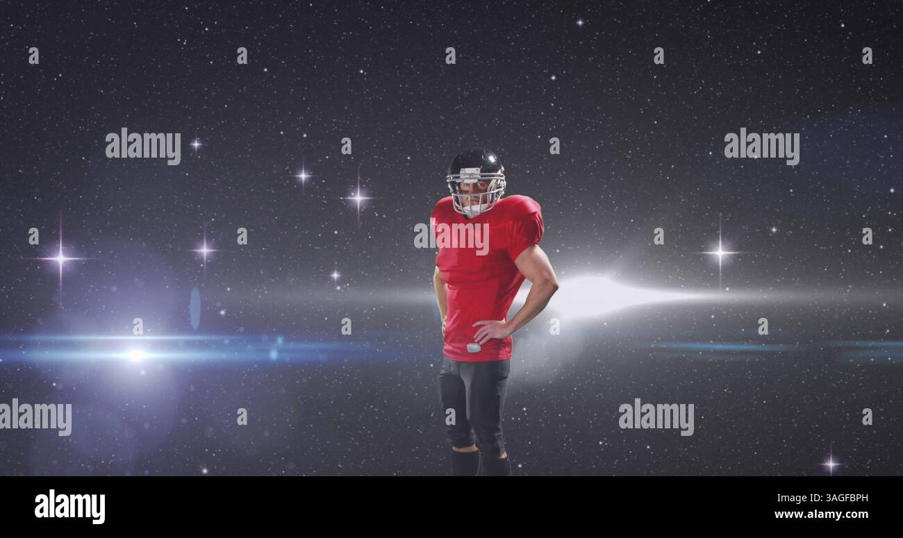 Male rugby player wearing helmet standing against light trails and ...