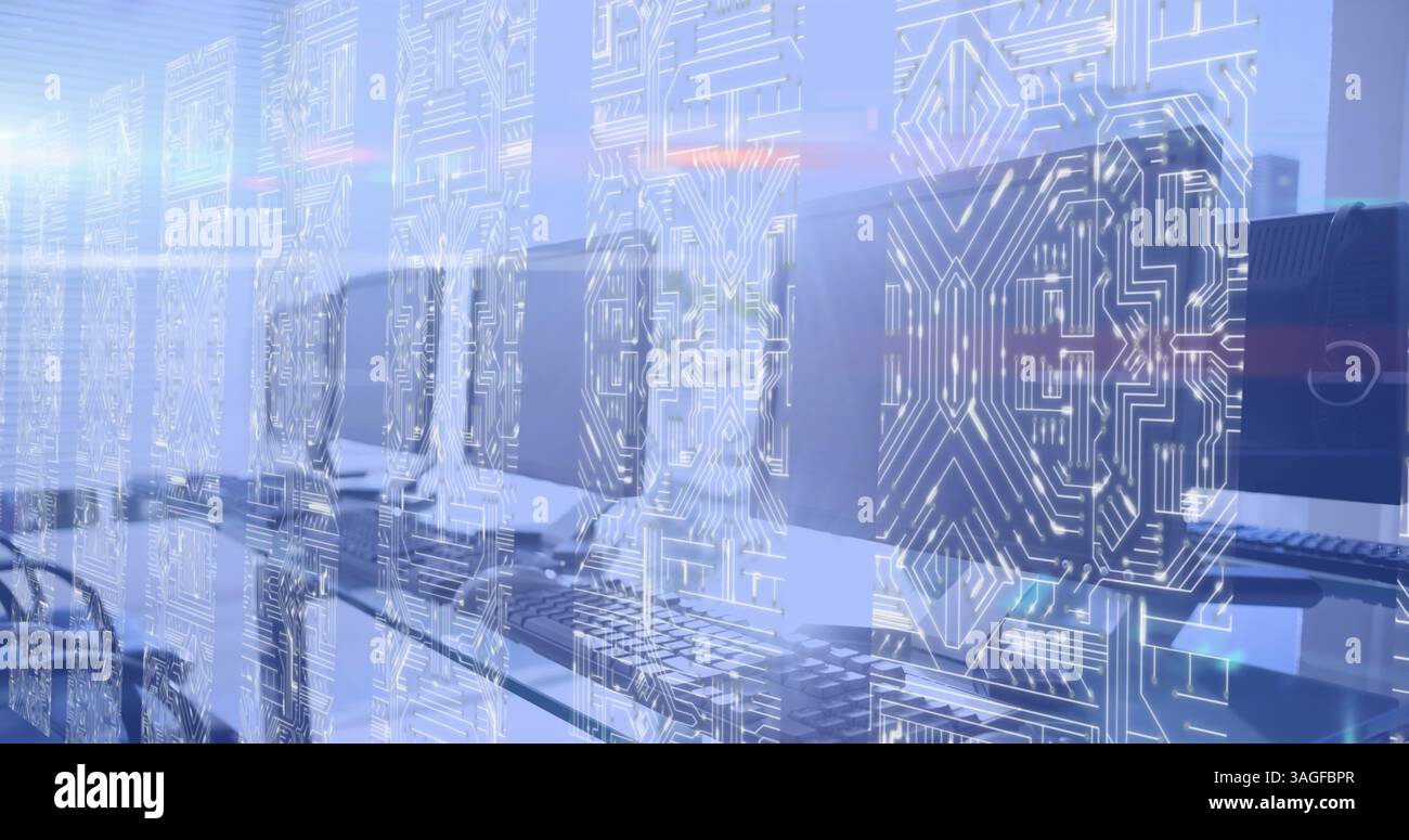 Image of computer circuit boards over computers in empty office on blue ...