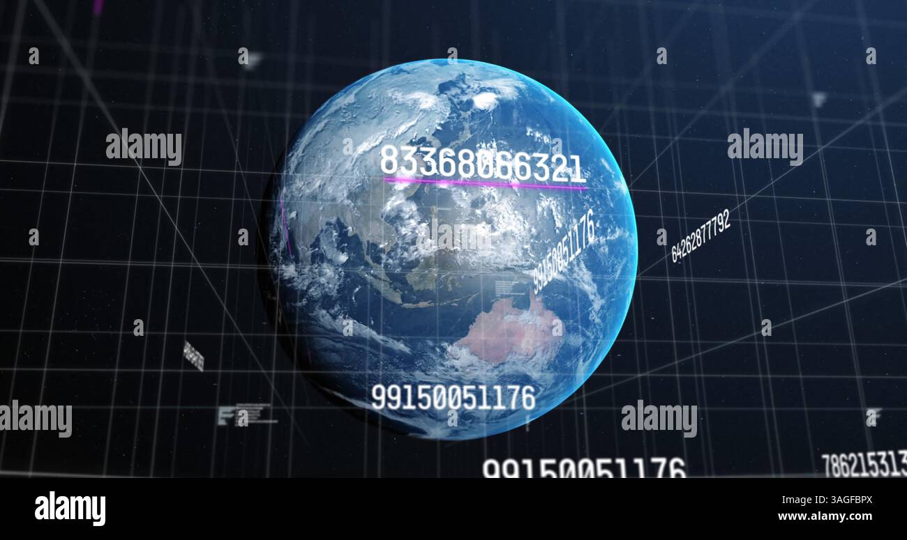 Image of numbers changing over earth in universe over grid on blue background Stock Photo - Alamy