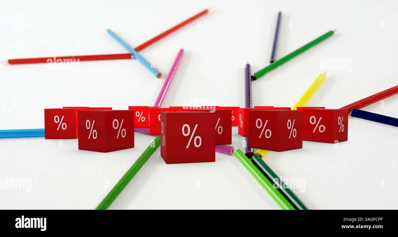 Image of percent sales symbol on red cubes and colour pencils on white ...