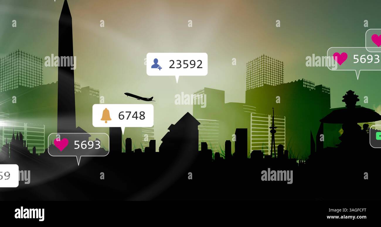 Image of social media icons and numbers on banners over airplane taking ...