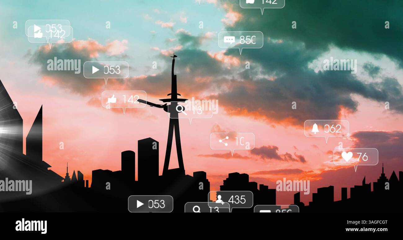 Image of social media icons and numbers on banners over airplane taking ...