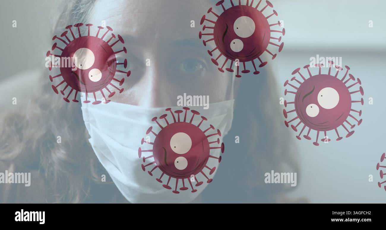 Multiple covid-19 cells moving against portrait of caucasian woman ...