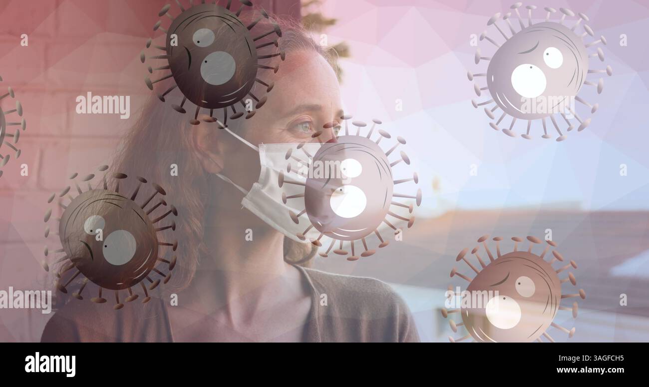 Multiple covid-19 cells moving against caucasian woman wearing face ...