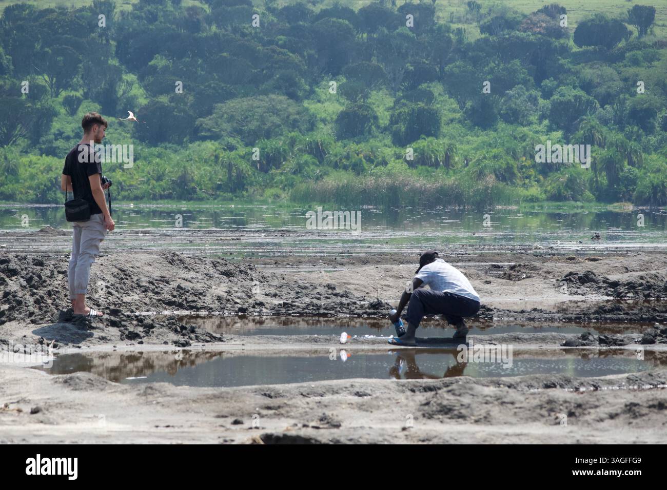 Salt lake in Uganda, Africa. Large squares in a volcano where salt is ...