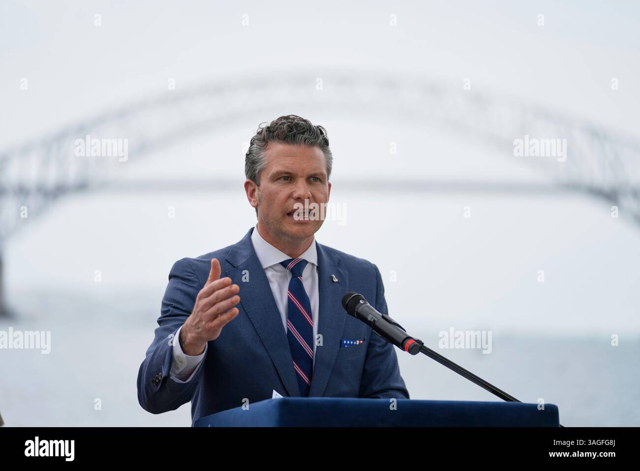 U.S. Defense Secretary Pete Hegseth speaks at Port of Rodman in West ...