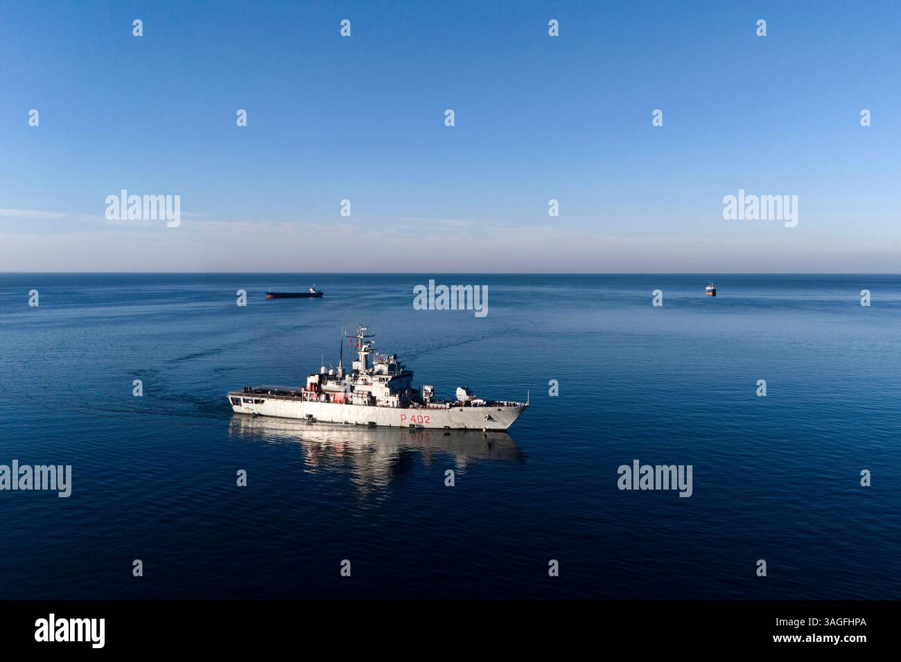 The Italian navy ship Libra approaches the port of Shengjin ...