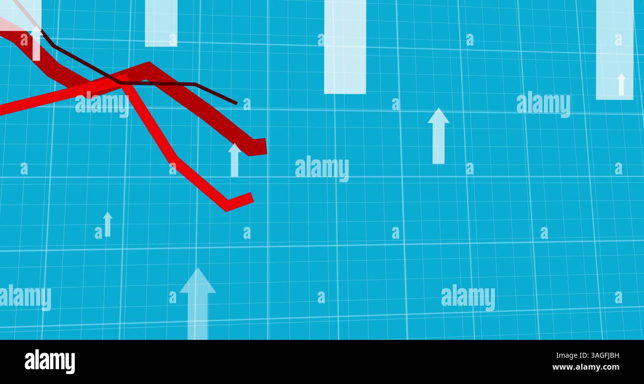 Image of red lines and white arrows pointing up moving over grid on ...