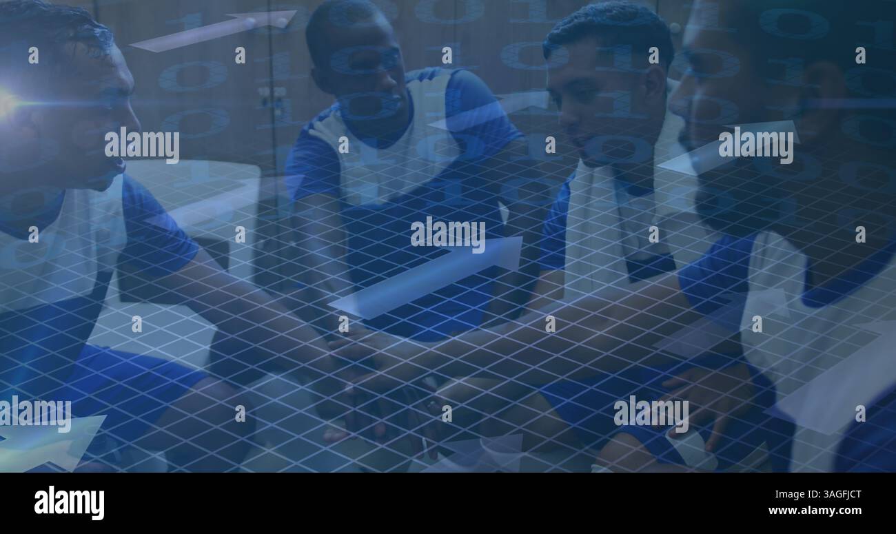 Image of arrows and binary coding over football players stacking hands ...