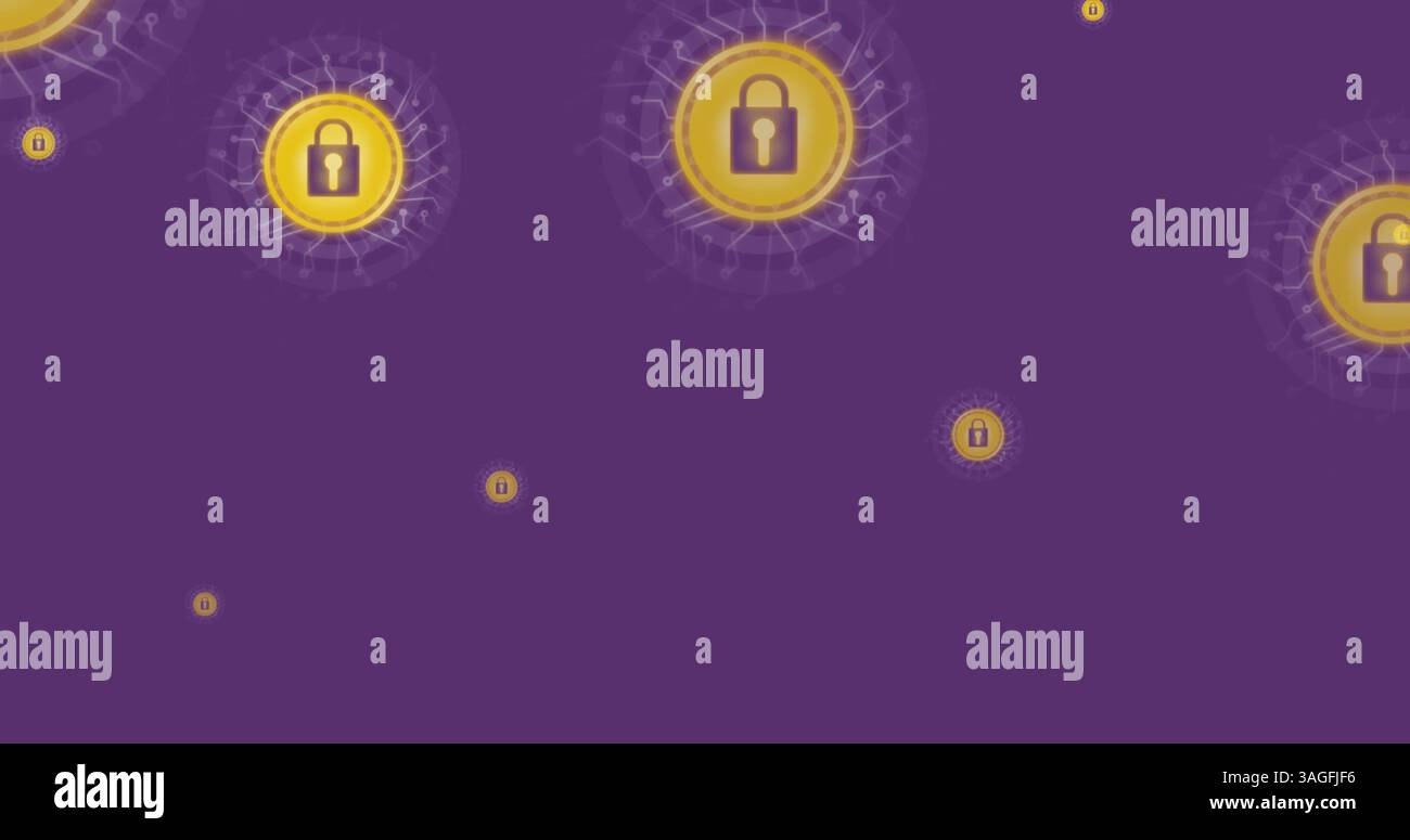 Image of yellow online security padlock icons flying up over purple ...