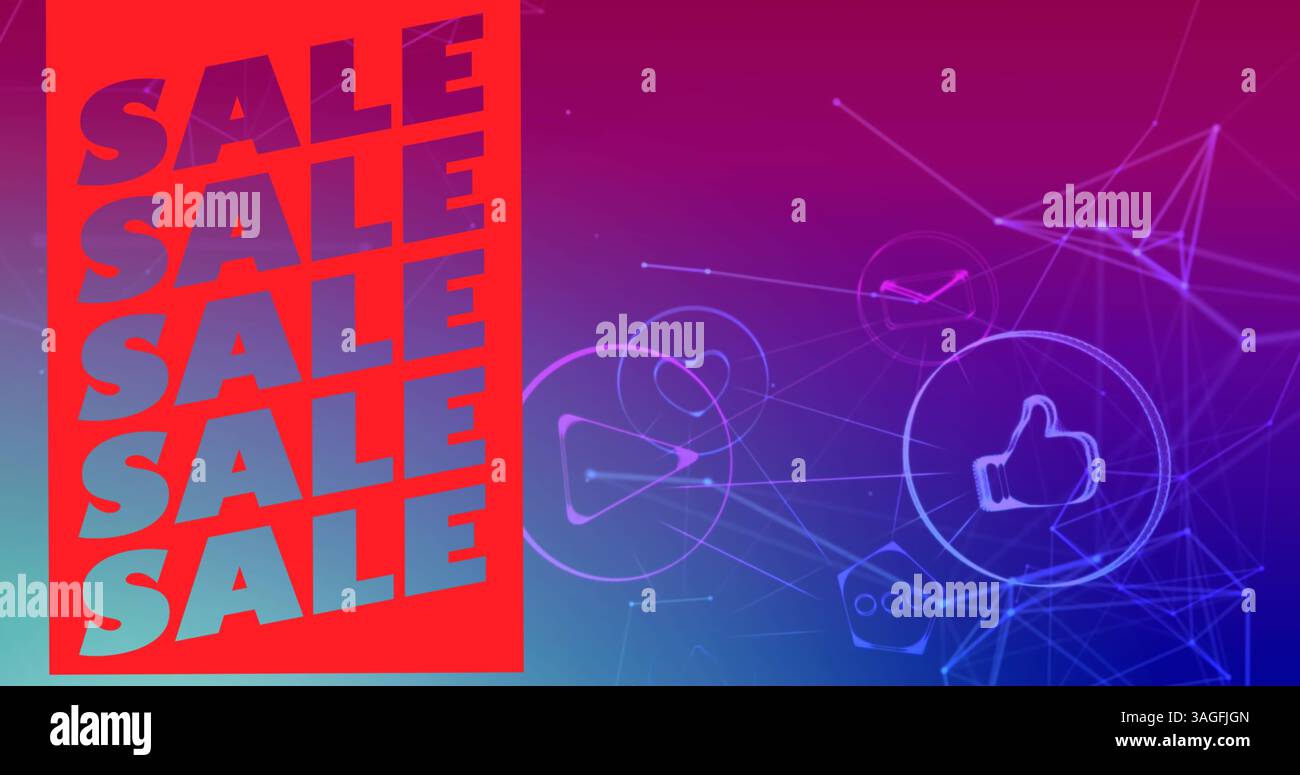 Image of sale text on red banner over social media icons on pink to ...