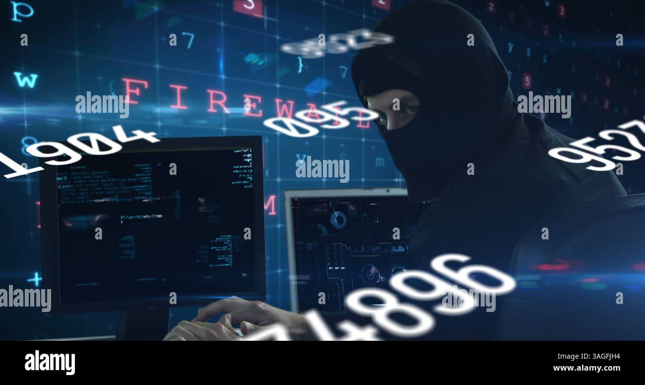 Image of data processing over caucasian hacker using computer Stock Photo - Alamy