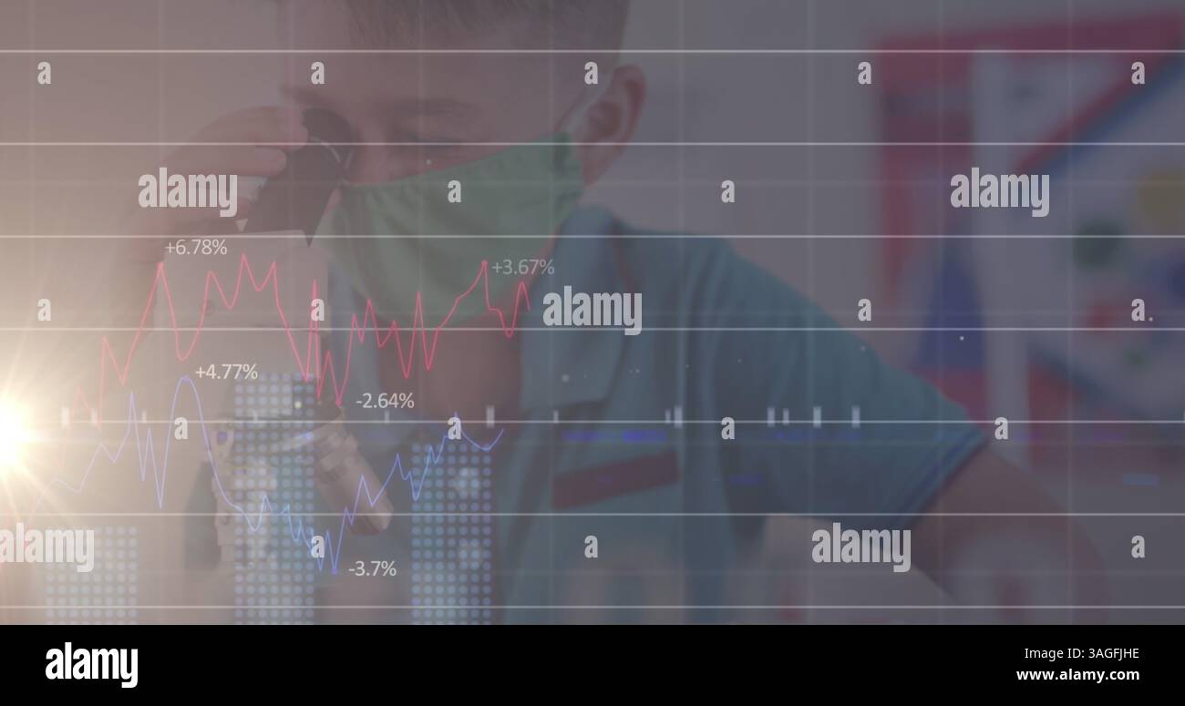 Image of data processing over man wearing face mask using microphone ...