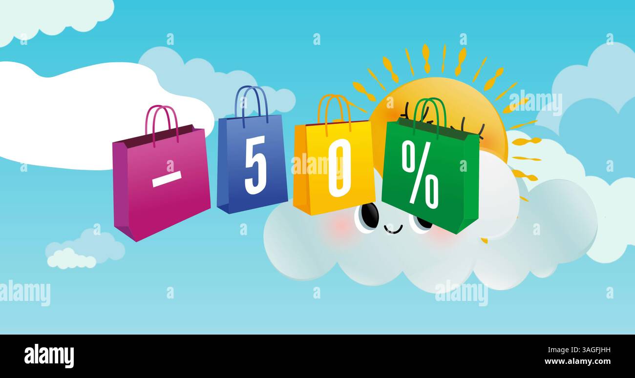 Image of minus 50 percent on multi coloured shopping bags and sun on ...