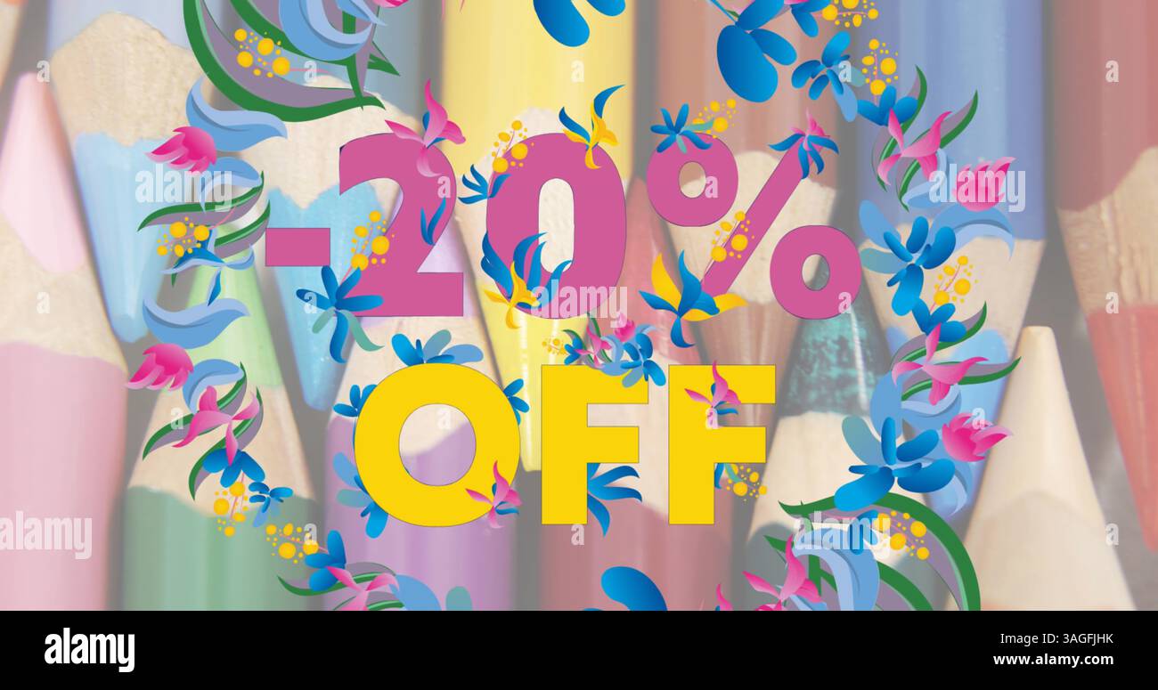 Image of minus 20 percent off text on floral pattern with colour ...