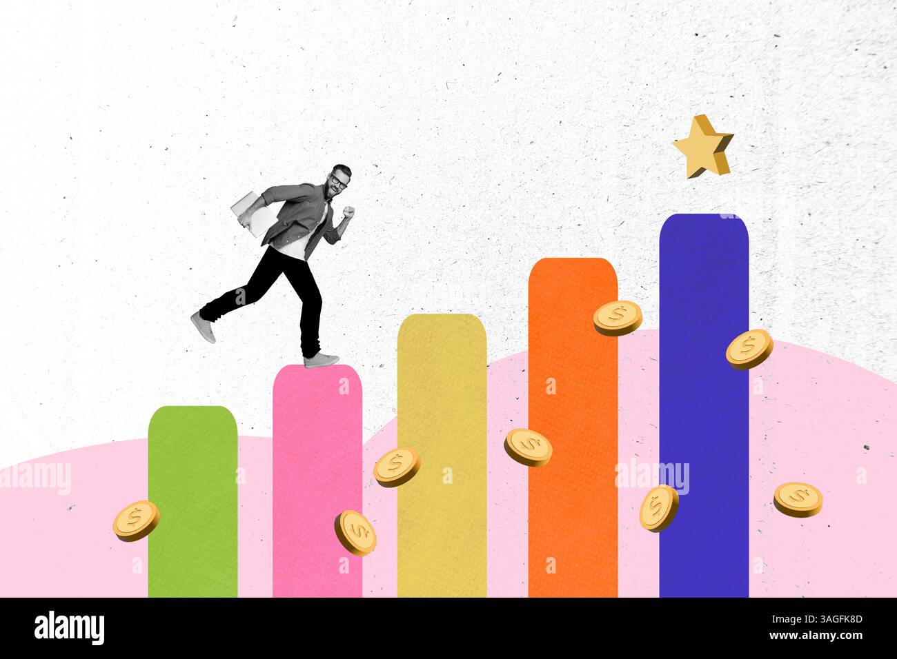 Creative collage featuring a graph design with a running figure ...