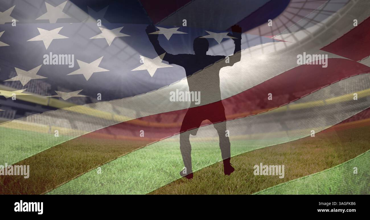 Waving us flag over silhouettes of male soccer player in different ...