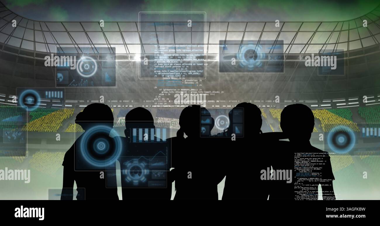 Digital interface with data processing against silhouette of fans ...