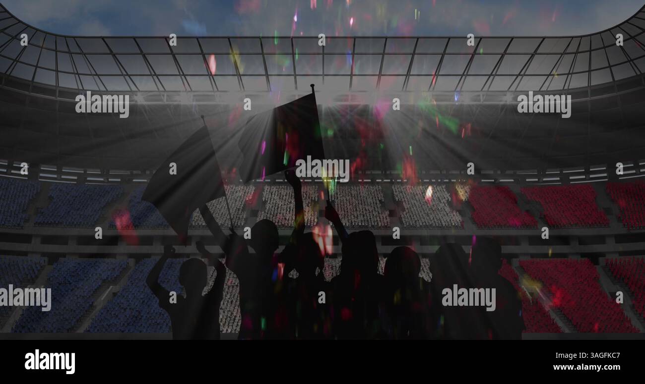 Colorful confetti falling over silhouette of fans cheering and sports ...