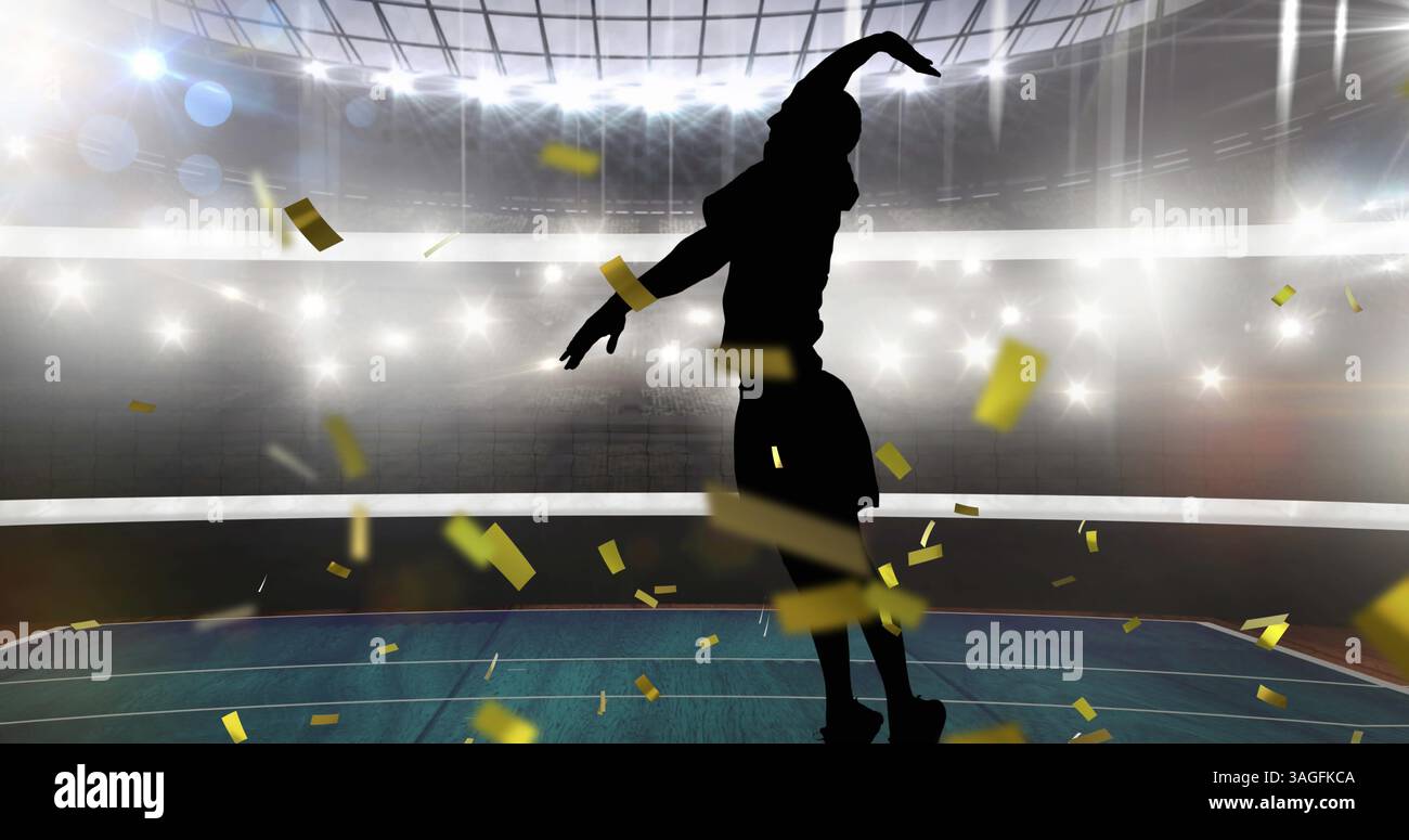 Golden confetti falling over silhouette of male volleyball player ...
