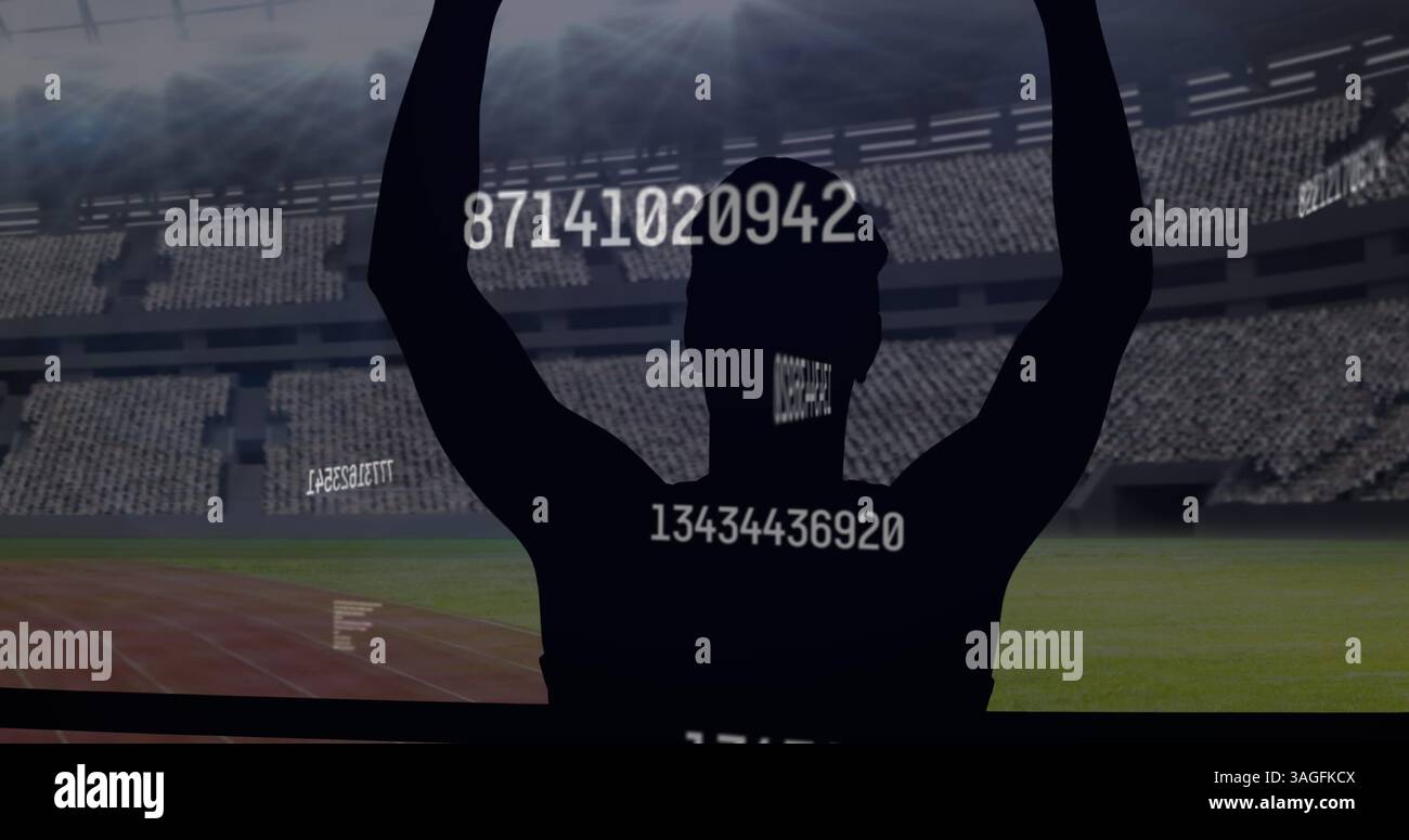 Multiple changing numbers over silhouette of male athlete celebrating ...
