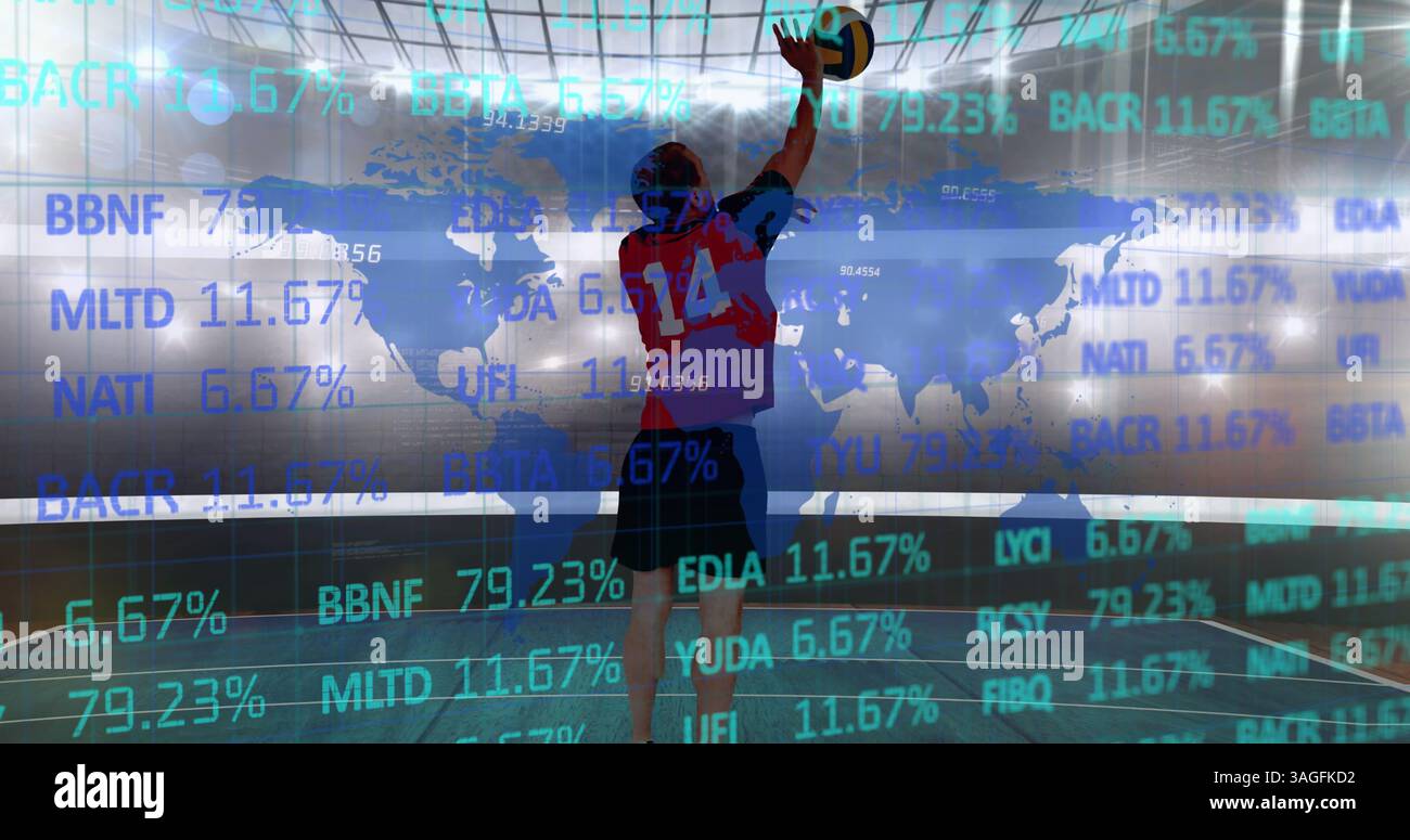 Stock market data processing on world map against male volleyball ...