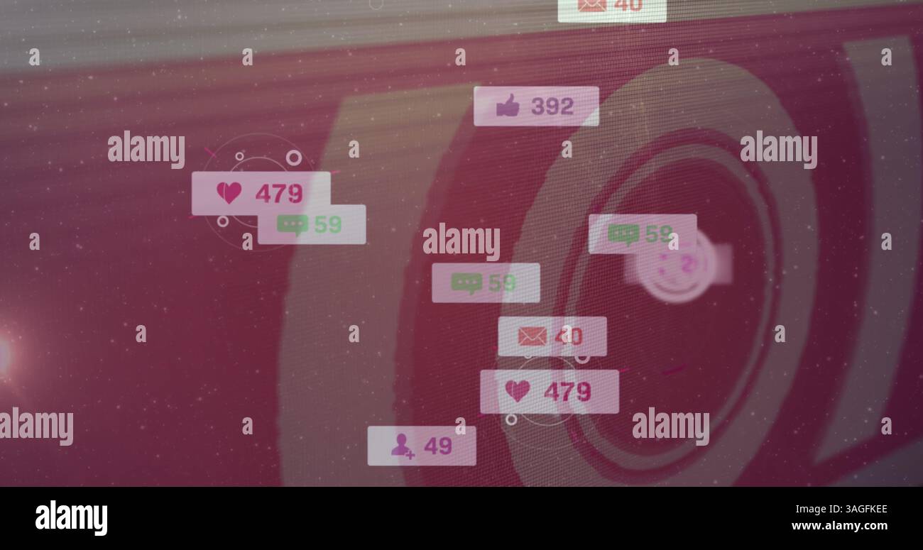 Image of social media icons over scope scanning Stock Photo - Alamy